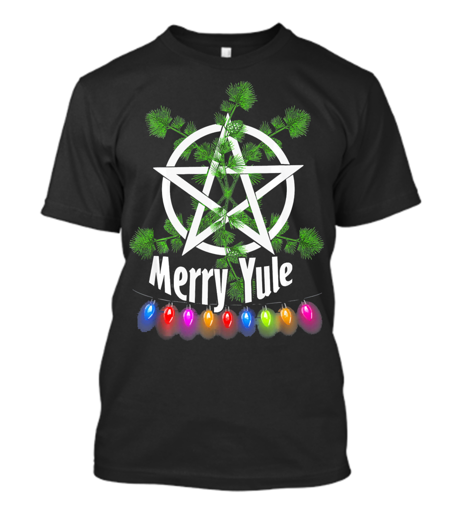 Merry Yule Pentagram With Pine Branches And Festive Colorful Lights T-Shirt