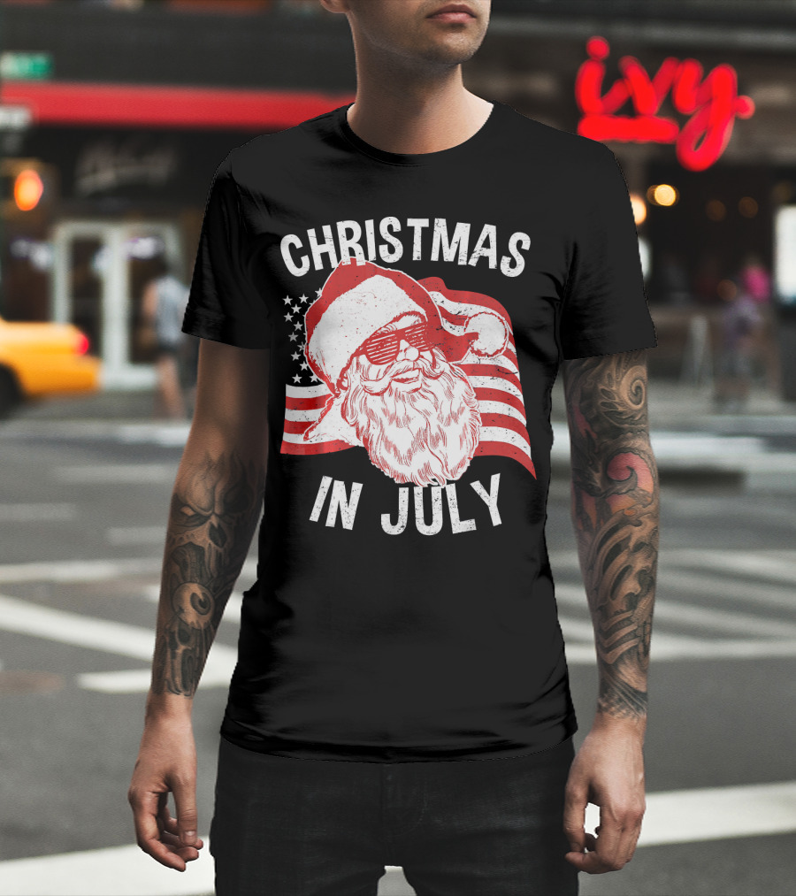 Christmas In July Retro Hipster Santa With American Flag And Shades T-Shirt