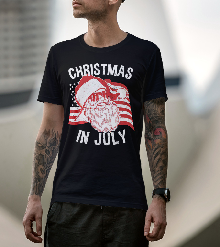 Christmas In July Retro Hipster Santa With American Flag And Shades T-Shirt