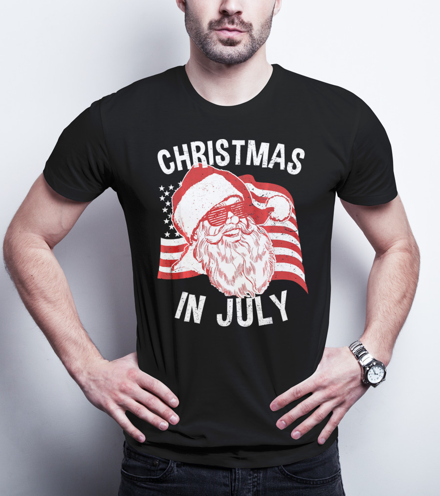 Christmas In July Retro Hipster Santa With American Flag And Shades T-Shirt
