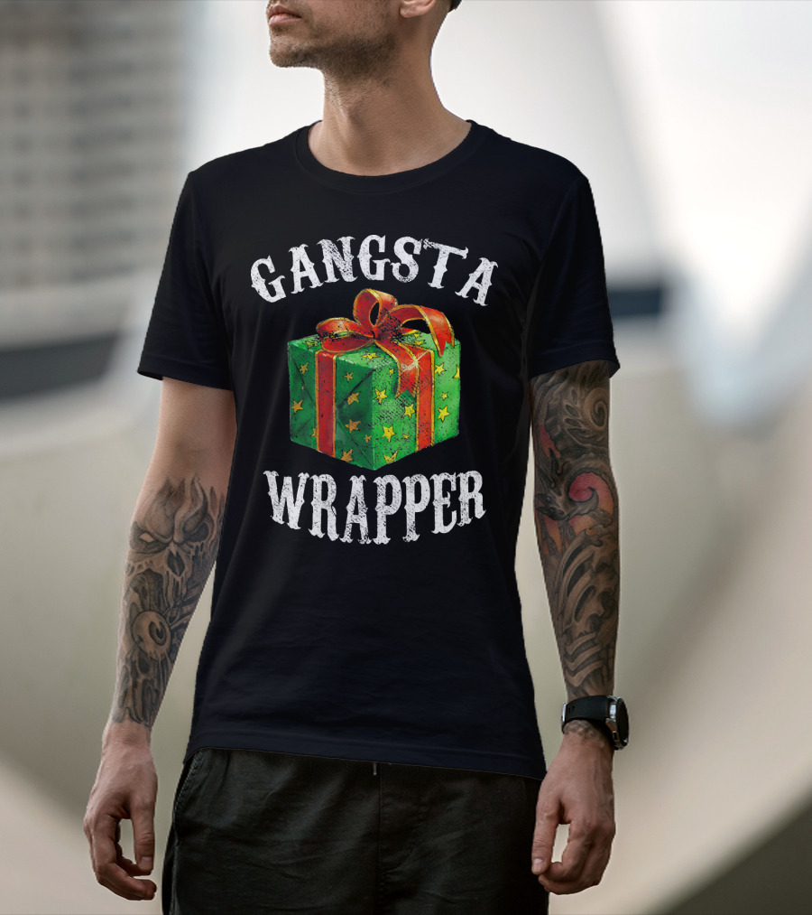 Gangsta Wrapper Green Gift Box With Red Bow And Stars T-Shirt