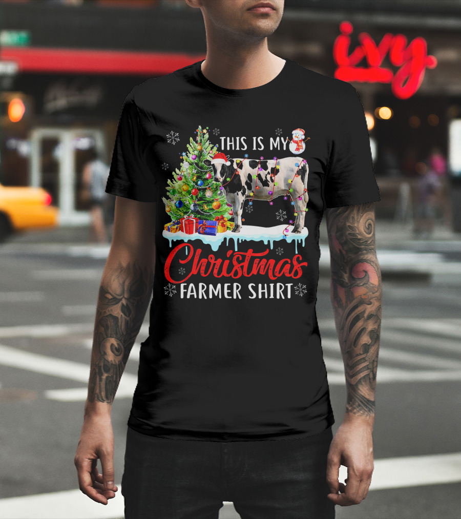 This Is My Christmas Farmer Shirt Cow Santa Hat Snowman Lights Tree T-Shirt