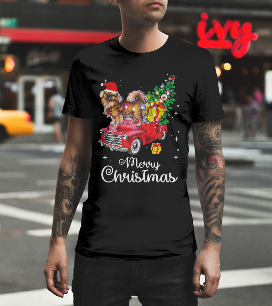 Merry Christmas Pekingese Rides Red Truck With Santa Hat And Holiday Gifts T-Shirt