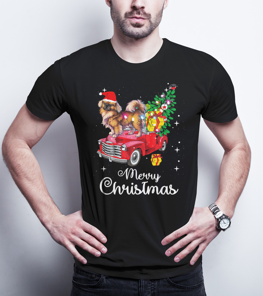 Merry Christmas Pekingese Rides Red Truck With Santa Hat And Holiday Gifts T-Shirt