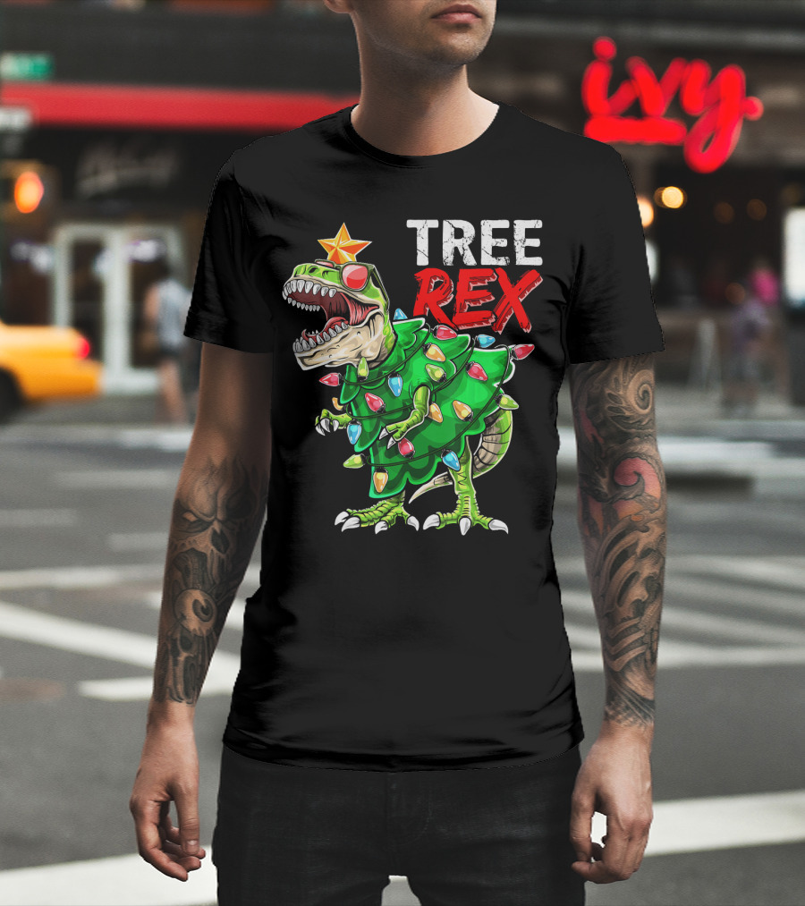 Tree Rex Dinosaur Christmas Tree With Festive Lights And Star T-Shirt