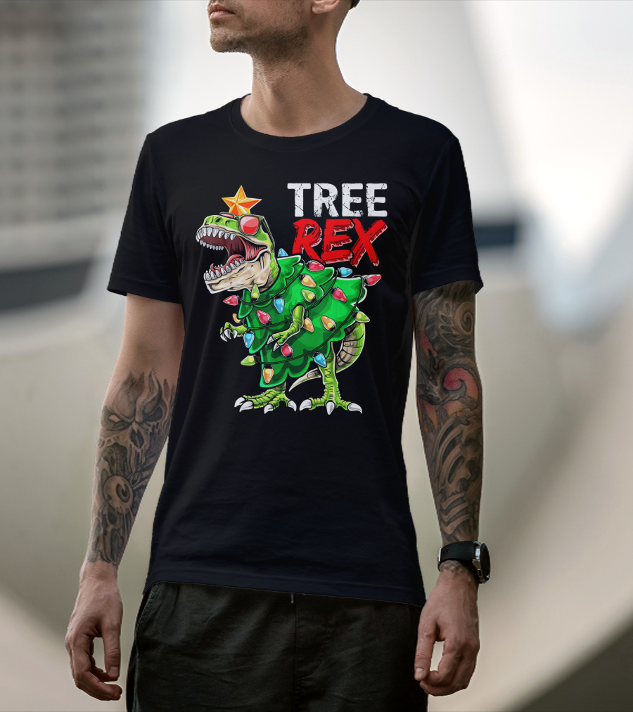 Tree Rex Dinosaur Christmas Tree With Festive Lights And Star T-Shirt