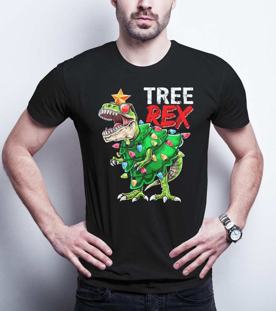 Tree Rex Dinosaur Christmas Tree With Festive Lights And Star T-Shirt