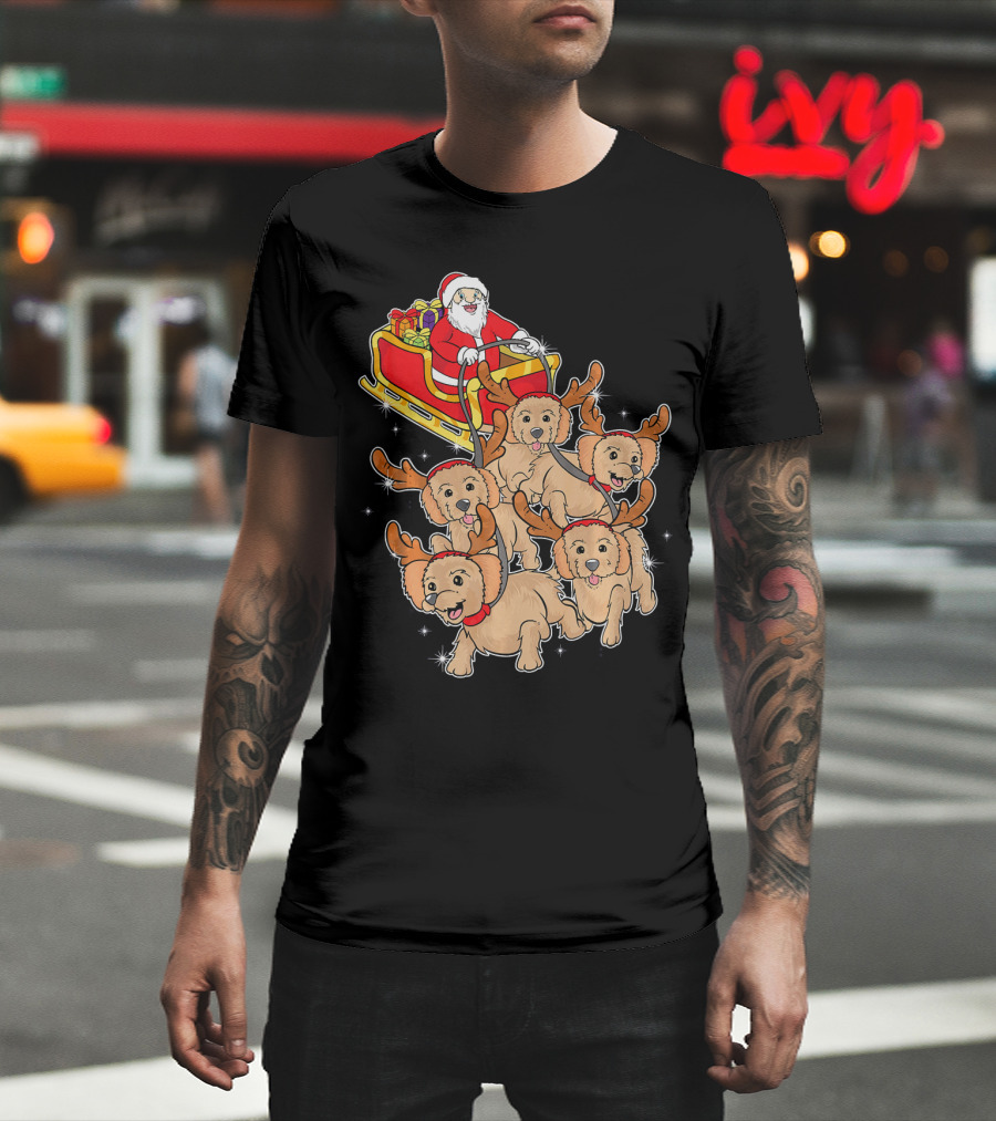 Santa Riding Sleigh With Adorable Goldendoodles As Reindeer T-Shirt