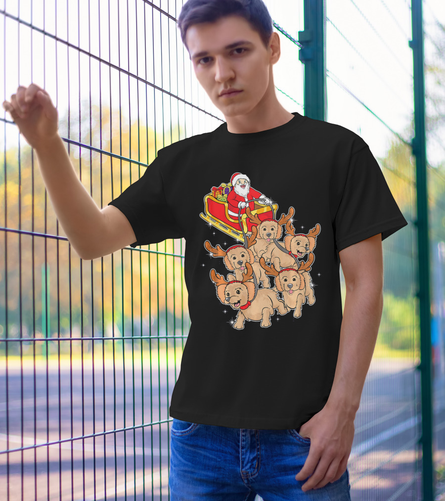 Santa Riding Sleigh With Adorable Goldendoodles As Reindeer T-Shirt