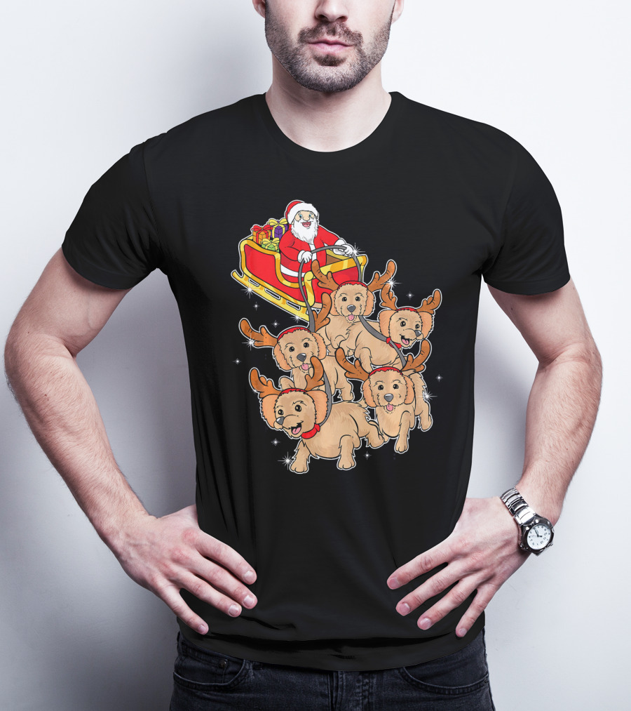 Santa Riding Sleigh With Adorable Goldendoodles As Reindeer T-Shirt