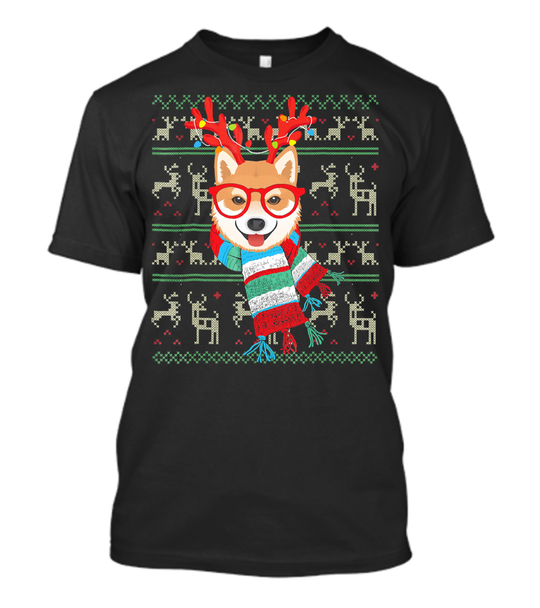 Shiba Inu With Reindeer Antlers And Festive Scarf Lights T-Shirt