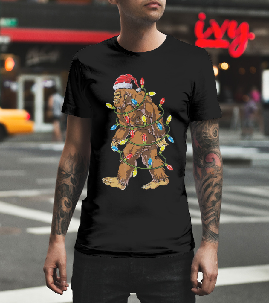 Bigfoot Santa Wrapped In Christmas Lights T-Shirt
