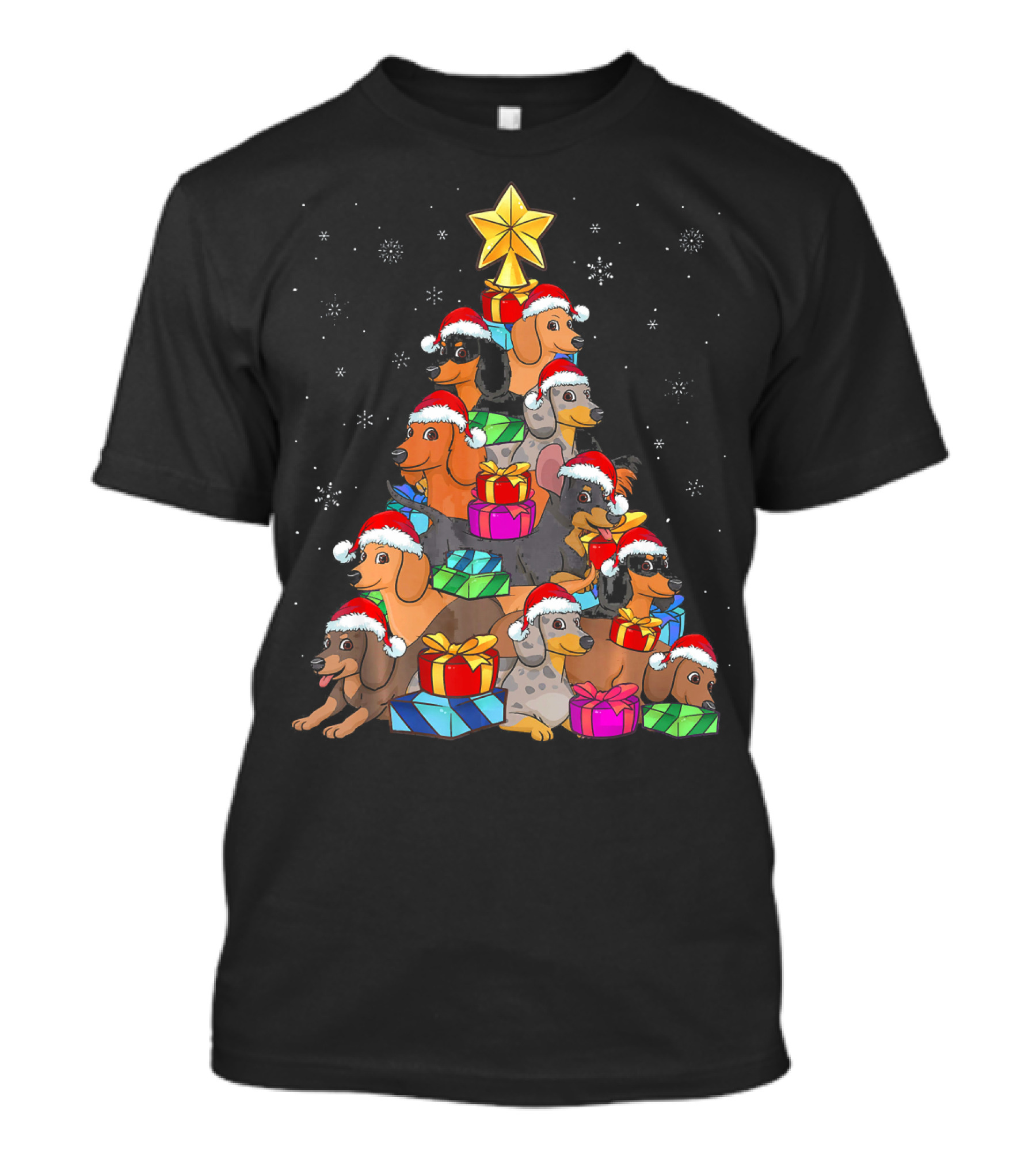Dachshund Christmas Tree With Santa Hats And Gifts In Snowfall T-Shirt
