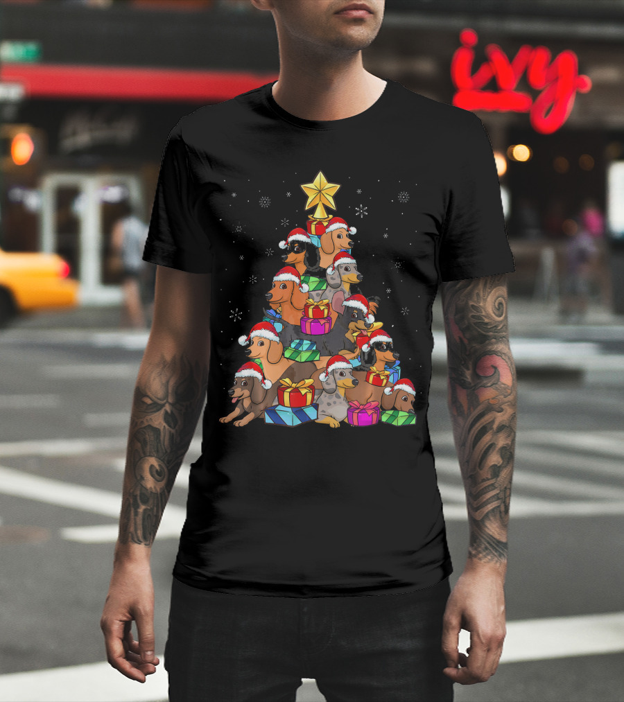 Dachshund Christmas Tree With Santa Hats And Gifts In Snowfall T-Shirt