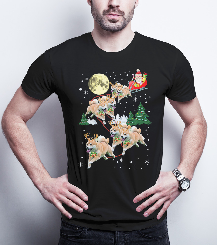 Santa's Shiba Inu Sleigh Ride Under Full Moon T-Shirt
