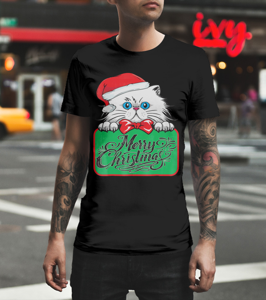 Merry Christmas Cute Cat With Santa Hat And Bow Tie T-Shirt