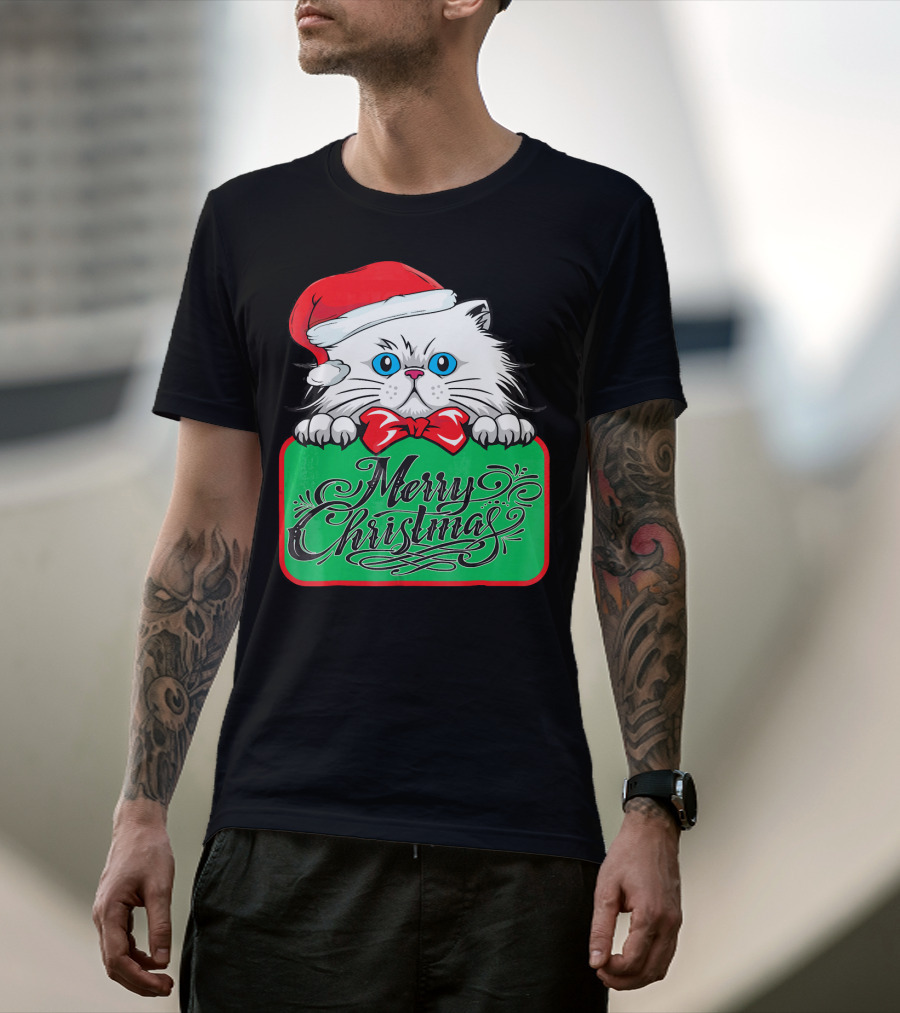 Merry Christmas Cute Cat With Santa Hat And Bow Tie T-Shirt
