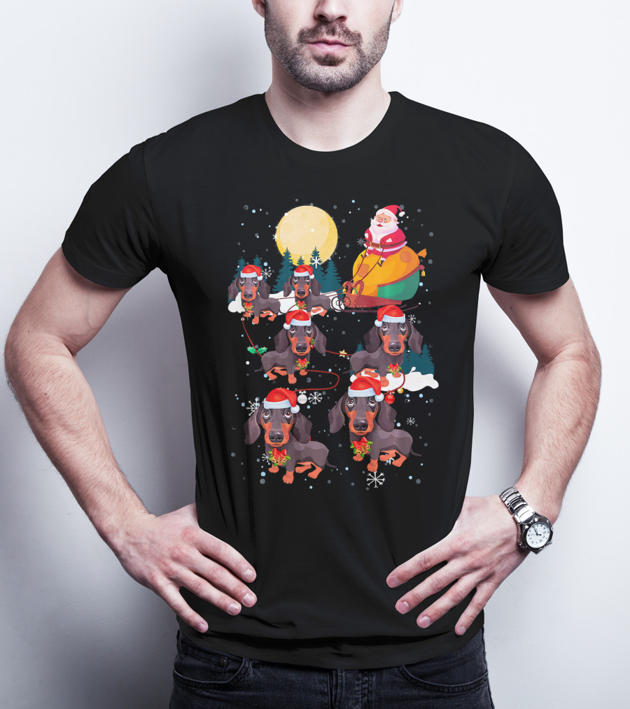 Santa Riding Sleigh With Dachshund Reindeer Under Full Moon T-Shirt