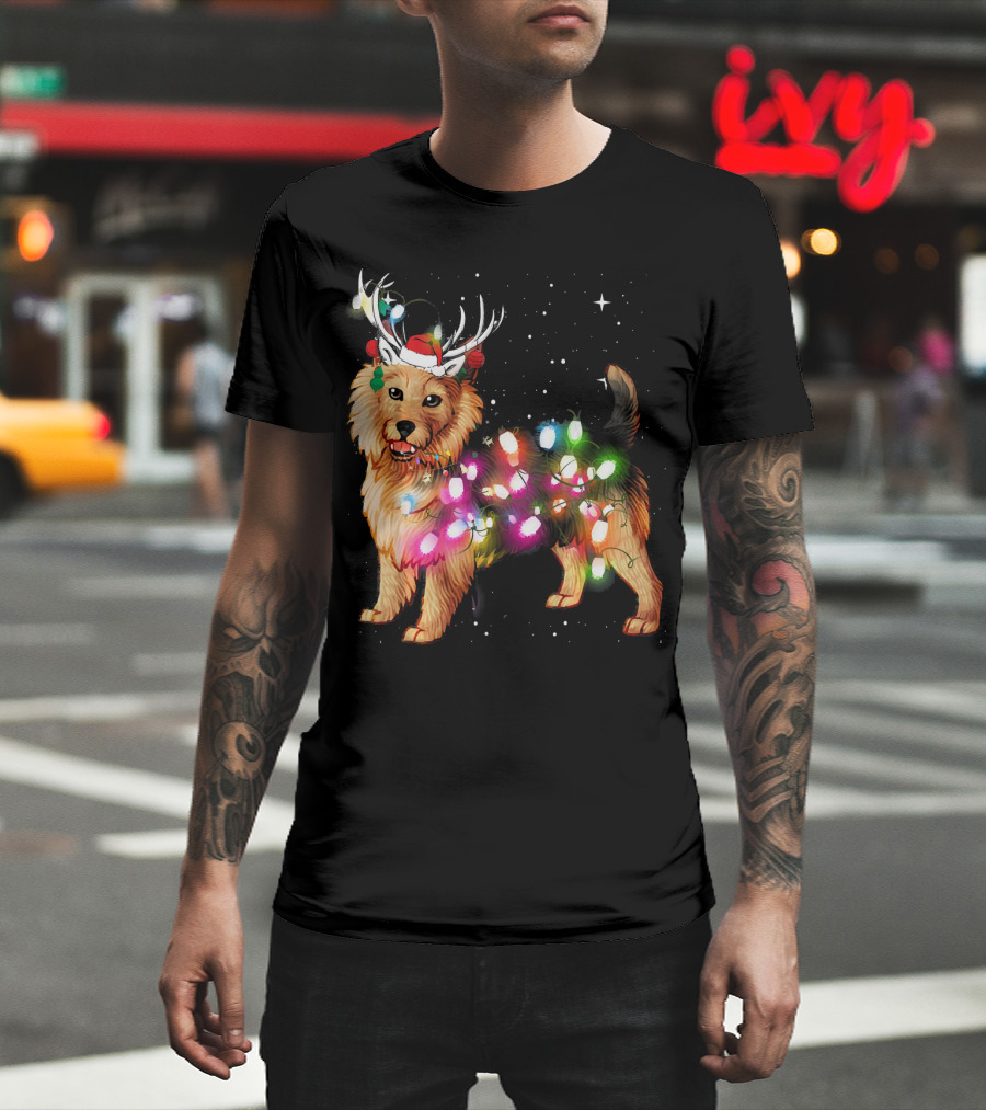 Australian Terrier With Christmas Lights And Reindeer Antlers T-Shirt