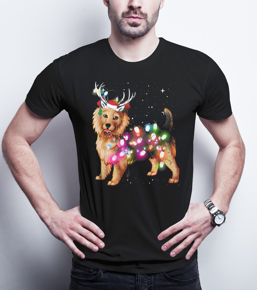 Australian Terrier With Christmas Lights And Reindeer Antlers T-Shirt
