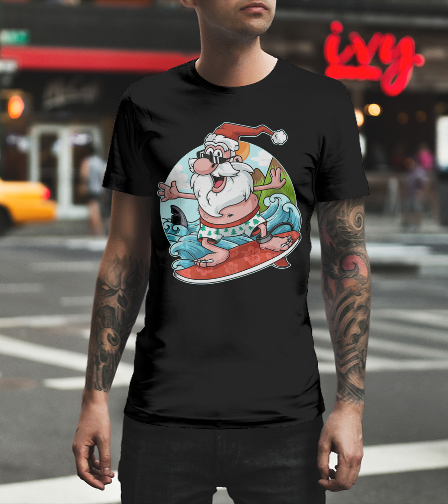 Surfing Santa Riding Waves Christmas In July Tropical Fun T-Shirt