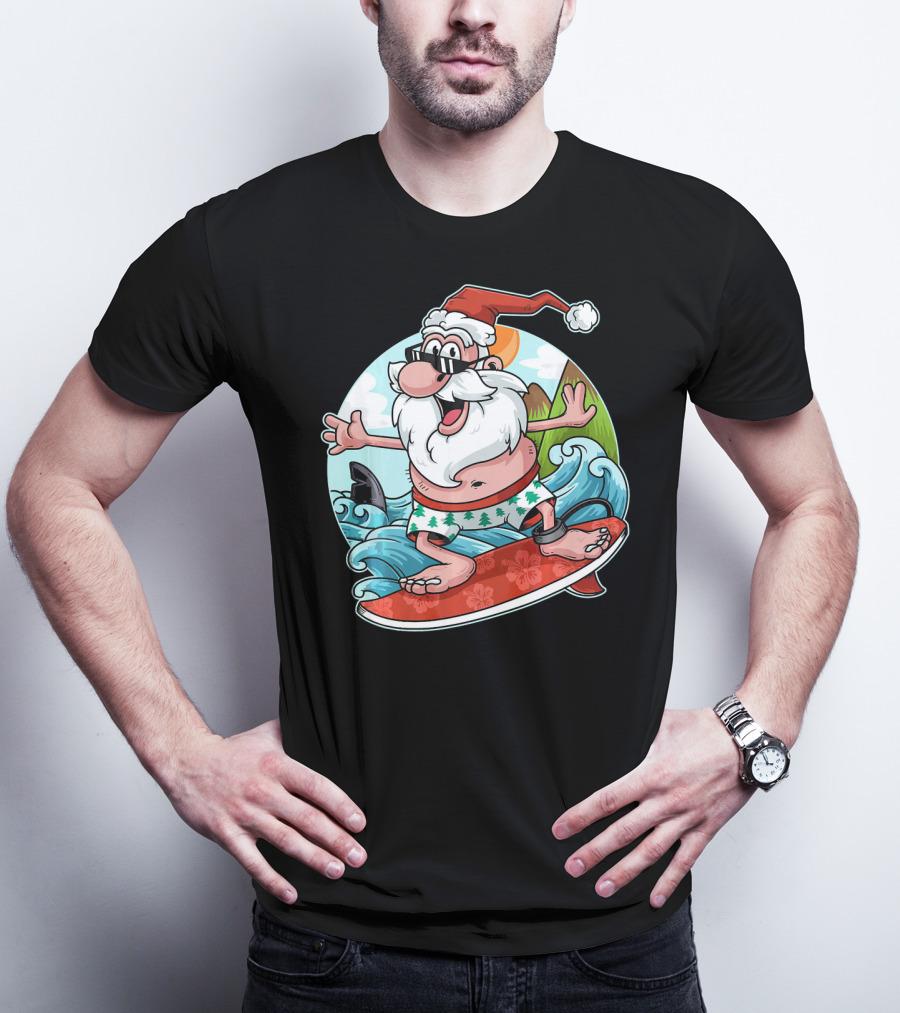 Surfing Santa Riding Waves Christmas In July Tropical Fun T-Shirt