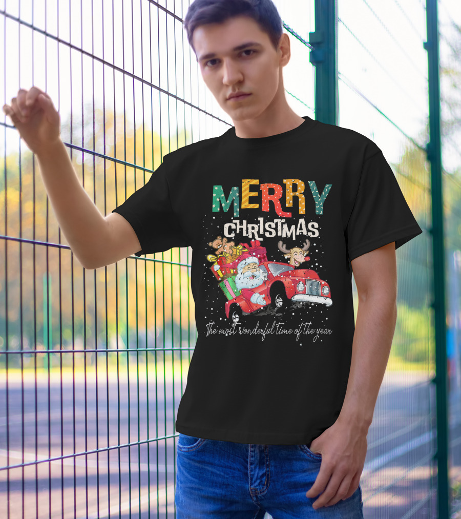 Merry Christmas Reindeer Santa Drive Red The Most Wonderful Time Of The Year T-Shirt
