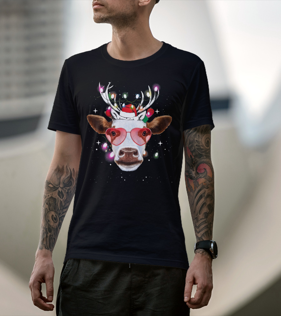 Cow With Antlers Heart Glasses And Christmas Lights T-Shirt