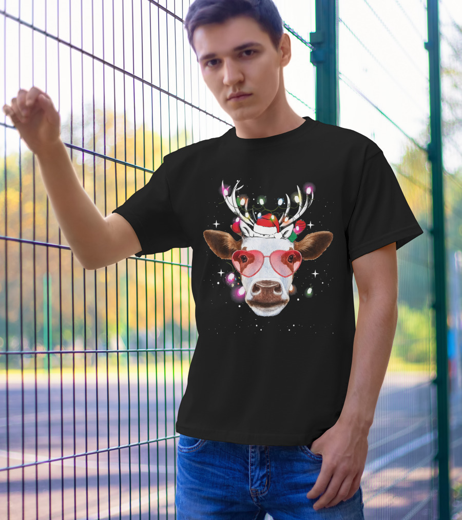 Cow With Antlers Heart Glasses And Christmas Lights T-Shirt