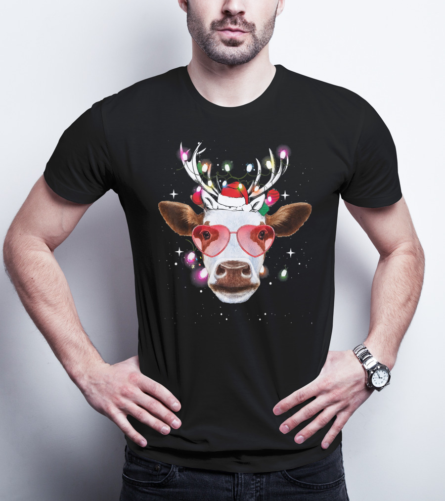 Cow With Antlers Heart Glasses And Christmas Lights T-Shirt