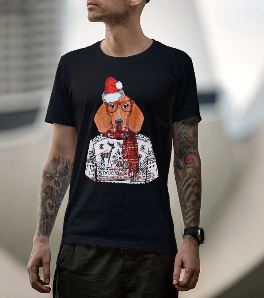 Dachshund Dog Santa Hat Funny Merry Christmas T-Shirt