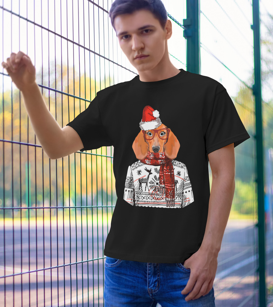 Dachshund Dog Santa Hat Funny Merry Christmas T-Shirt