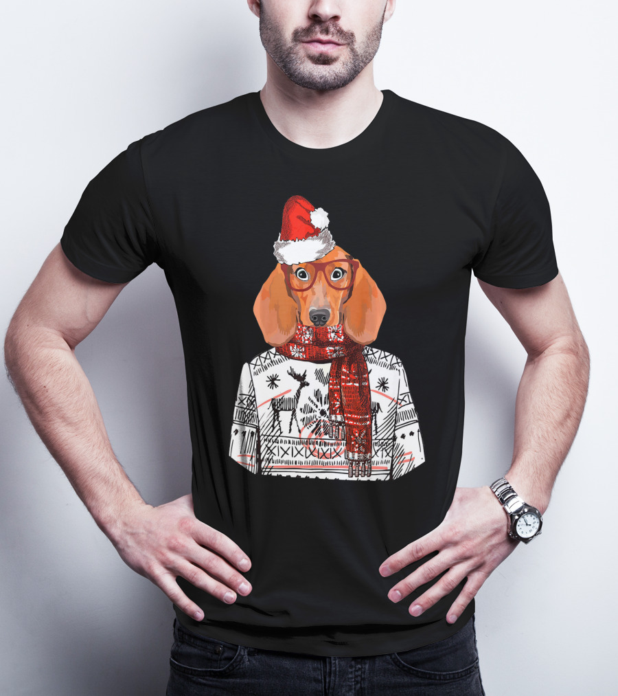 Dachshund Dog Santa Hat Funny Merry Christmas T-Shirt
