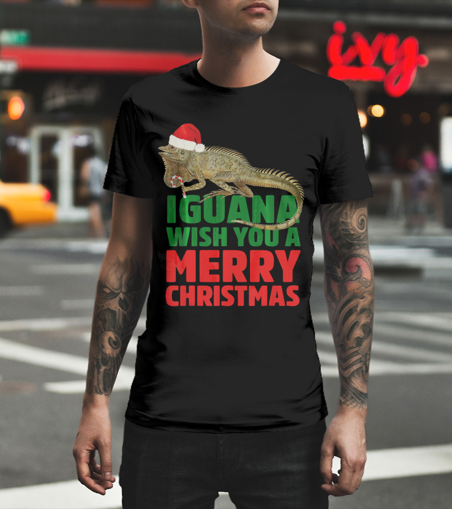 Iguana Wish You A Merry Christmas Santa Hat Candy Cane T-Shirt
