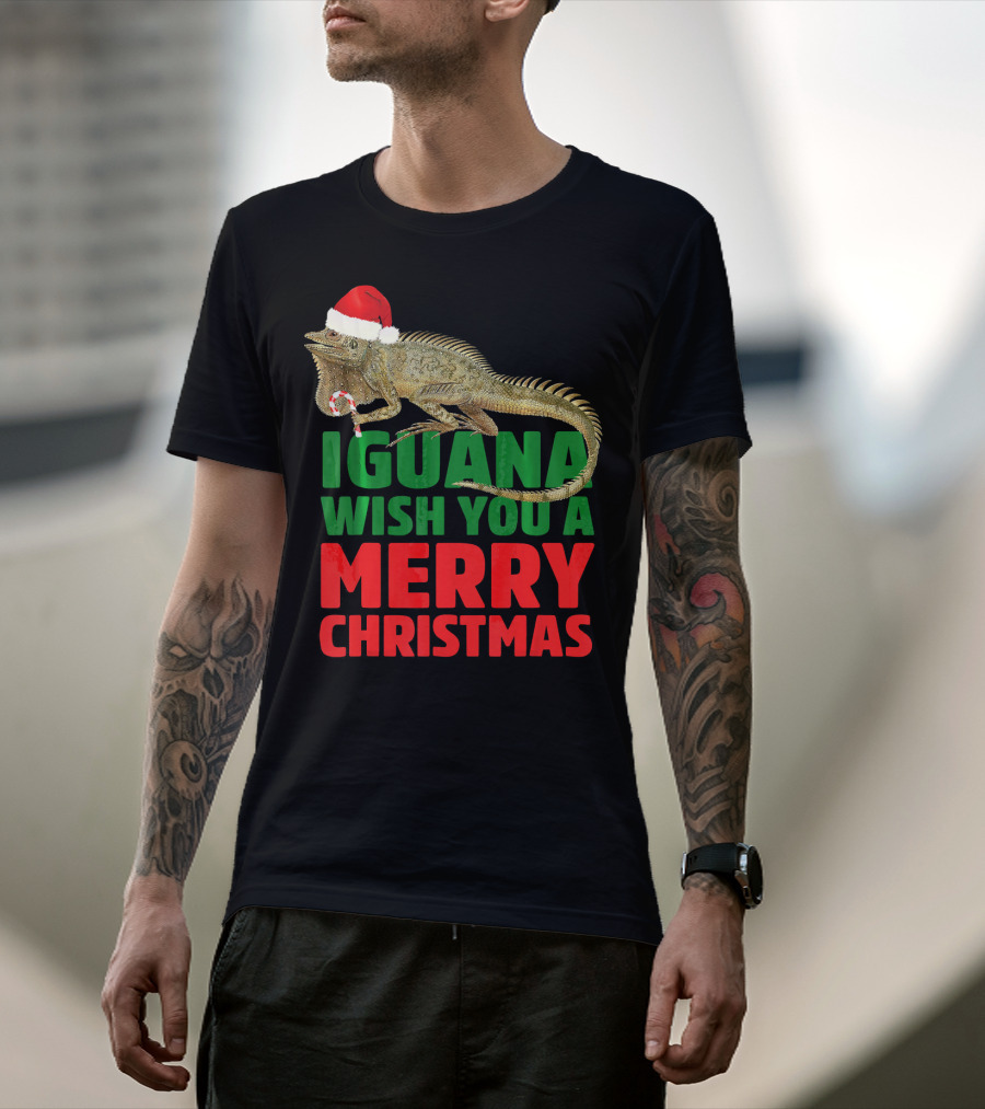 Iguana Wish You A Merry Christmas Santa Hat Candy Cane T-Shirt