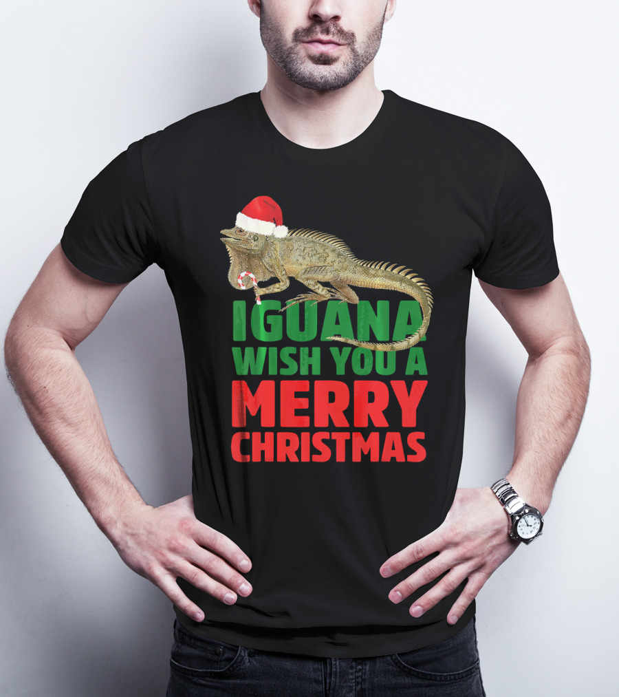 Iguana Wish You A Merry Christmas Santa Hat Candy Cane T-Shirt