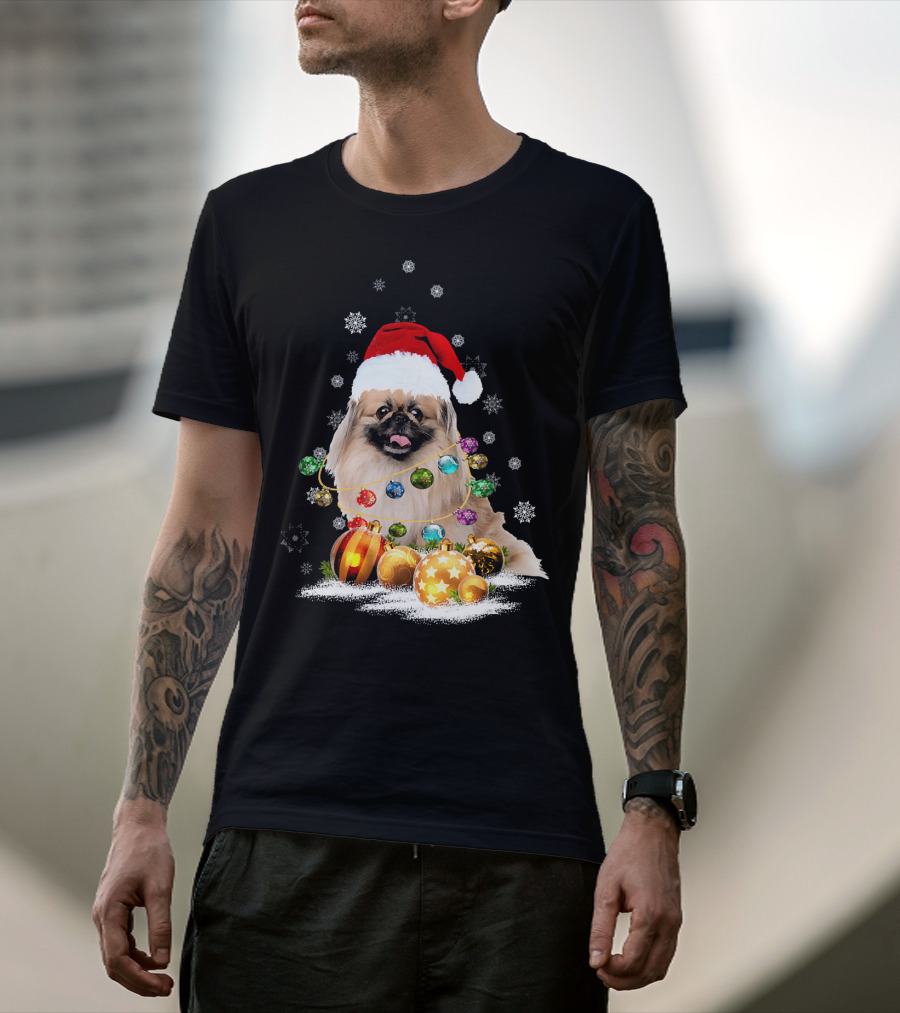 Pekingese Christmas Dog Lights With Santa Hat And Snowflakes T-Shirt