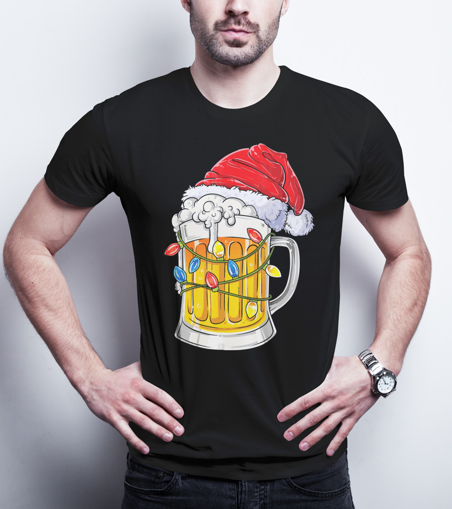 Beer Mug With Santa Hat And Christmas Lights T-Shirt