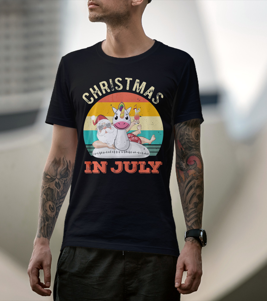 Christmas In July Vintage Santa With Inflatable Unicorn And Drink T-Shirt