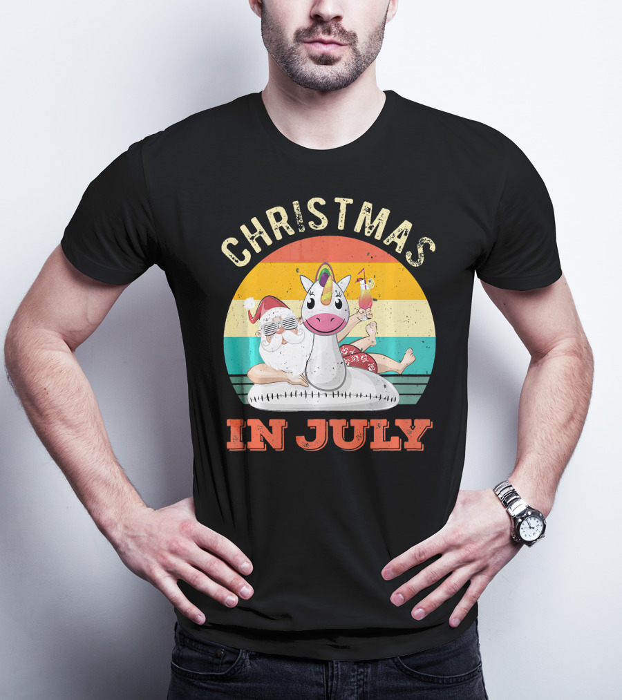 Christmas In July Vintage Santa With Inflatable Unicorn And Drink T-Shirt