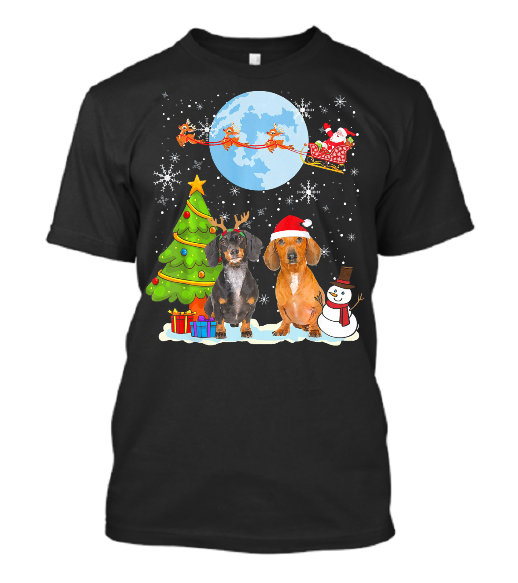 Funny Dachshund Christmas Santa Moon Reindeers Tree Snowman T-Shirt