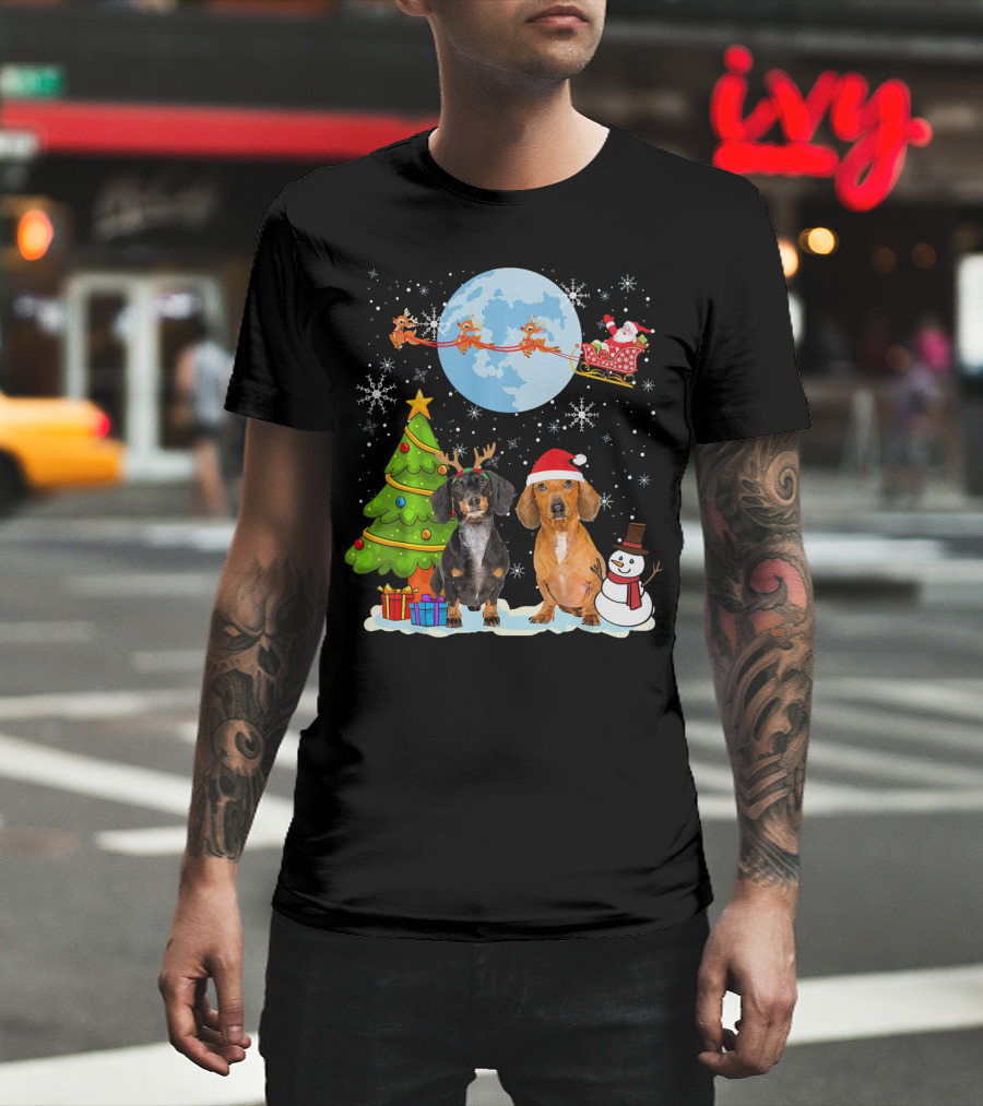 Funny Dachshund Christmas Santa Moon Reindeers Tree Snowman T-Shirt