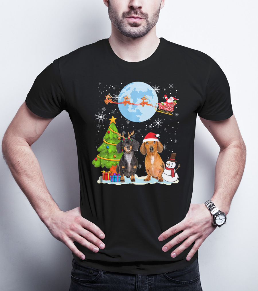 Funny Dachshund Christmas Santa Moon Reindeers Tree Snowman T-Shirt