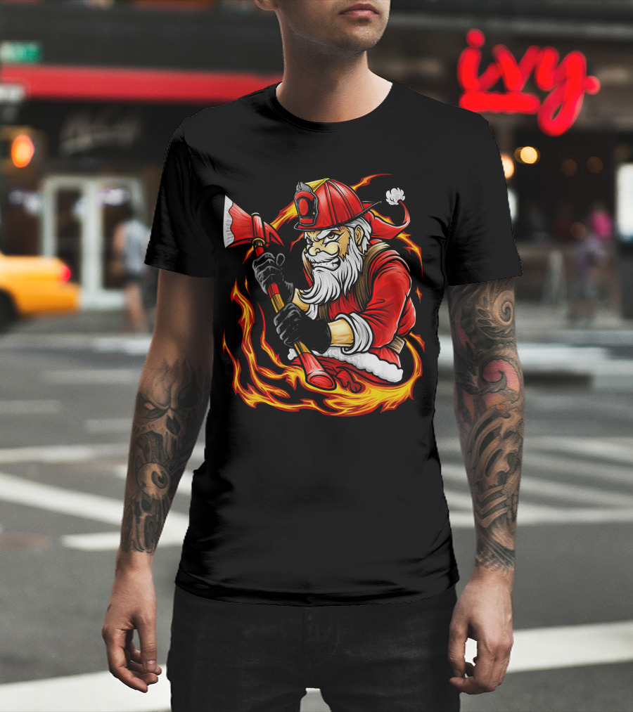 Firefighter Santa With Axe Surrounded By Flames T-Shirt