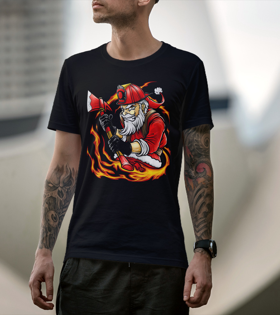 Firefighter Santa With Axe Surrounded By Flames T-Shirt