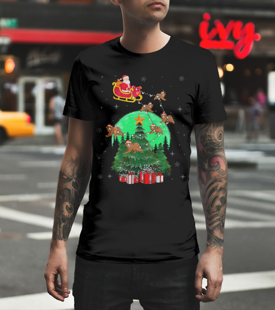 Santa Claus With Bears And Sleigh Over Christmas Tree And Presents T-Shirt