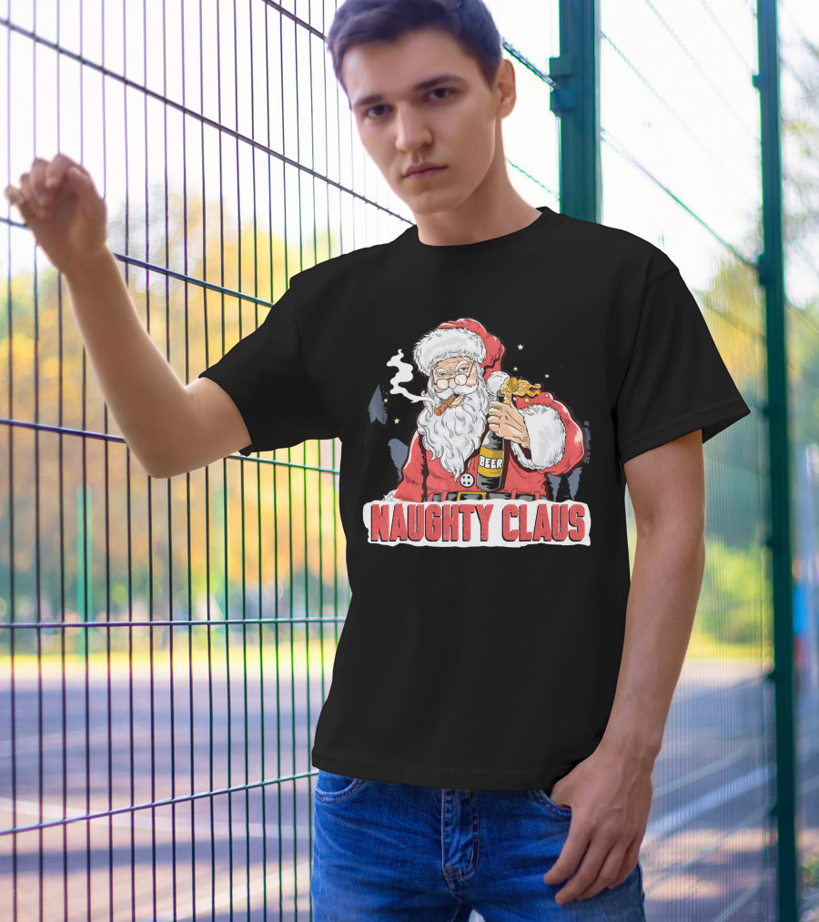 Naughty Claus Santa With Beer Funny Humor XMAS T-Shirt