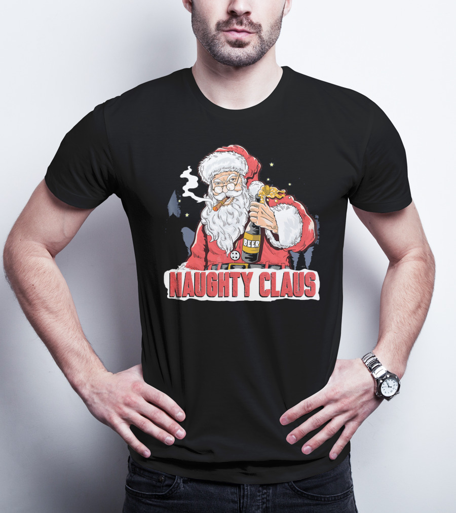 Naughty Claus Santa With Beer Funny Humor XMAS T-Shirt