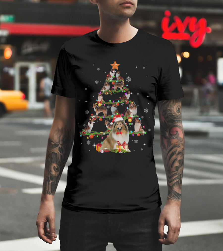 Rough Collie Christmas Tree With Santa Hat And Gifts T-Shirt