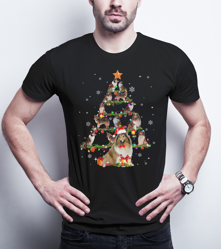 Rough Collie Christmas Tree With Santa Hat And Gifts T-Shirt